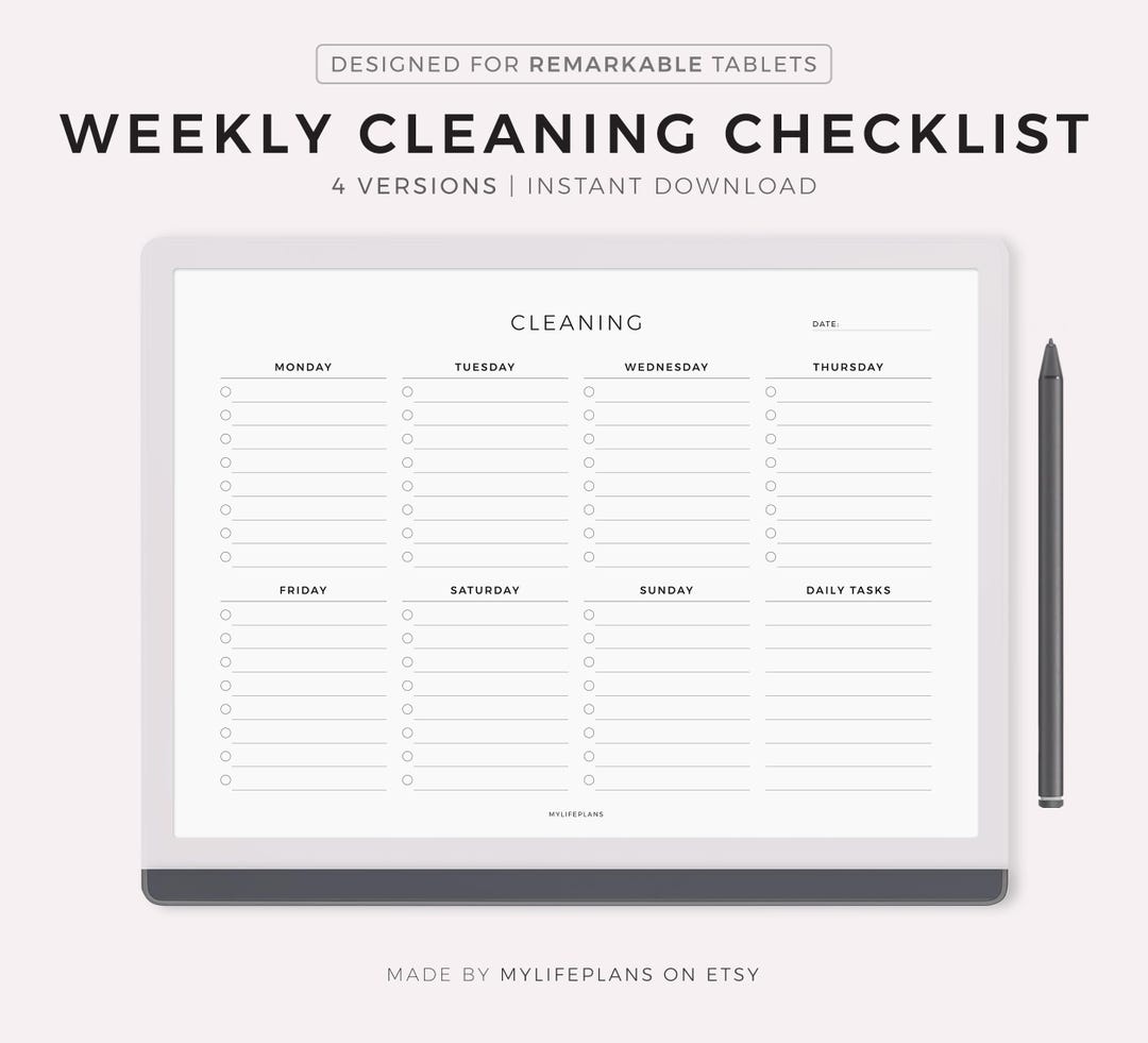 Weekly Cleaning Checklist for Remarkable 2, Landscape, Cleaning to Do ...