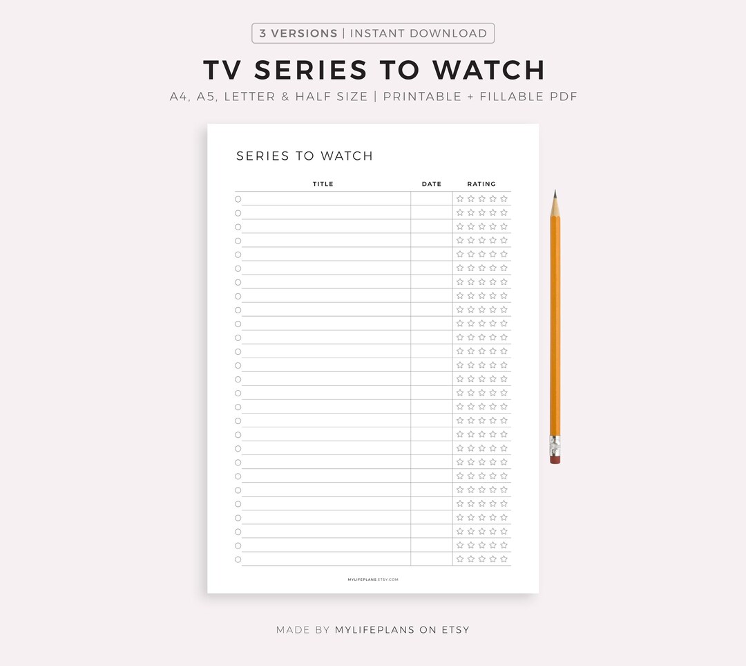 TV Series to Watch List Printable, TV Show List, Season and Episode ...