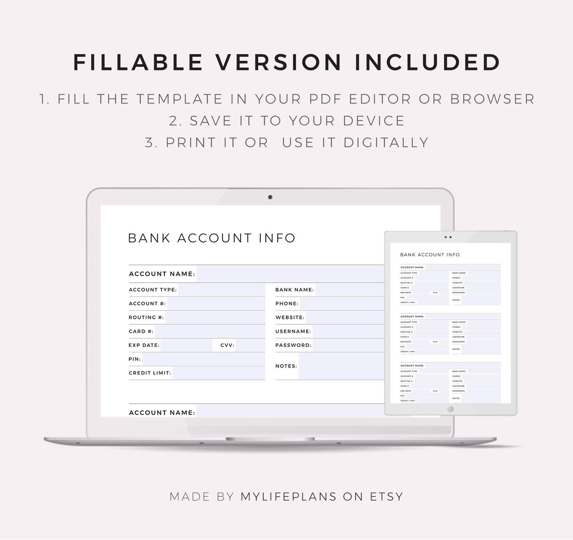 Bank Account Information Tracker Printable Bank Account Log - Etsy