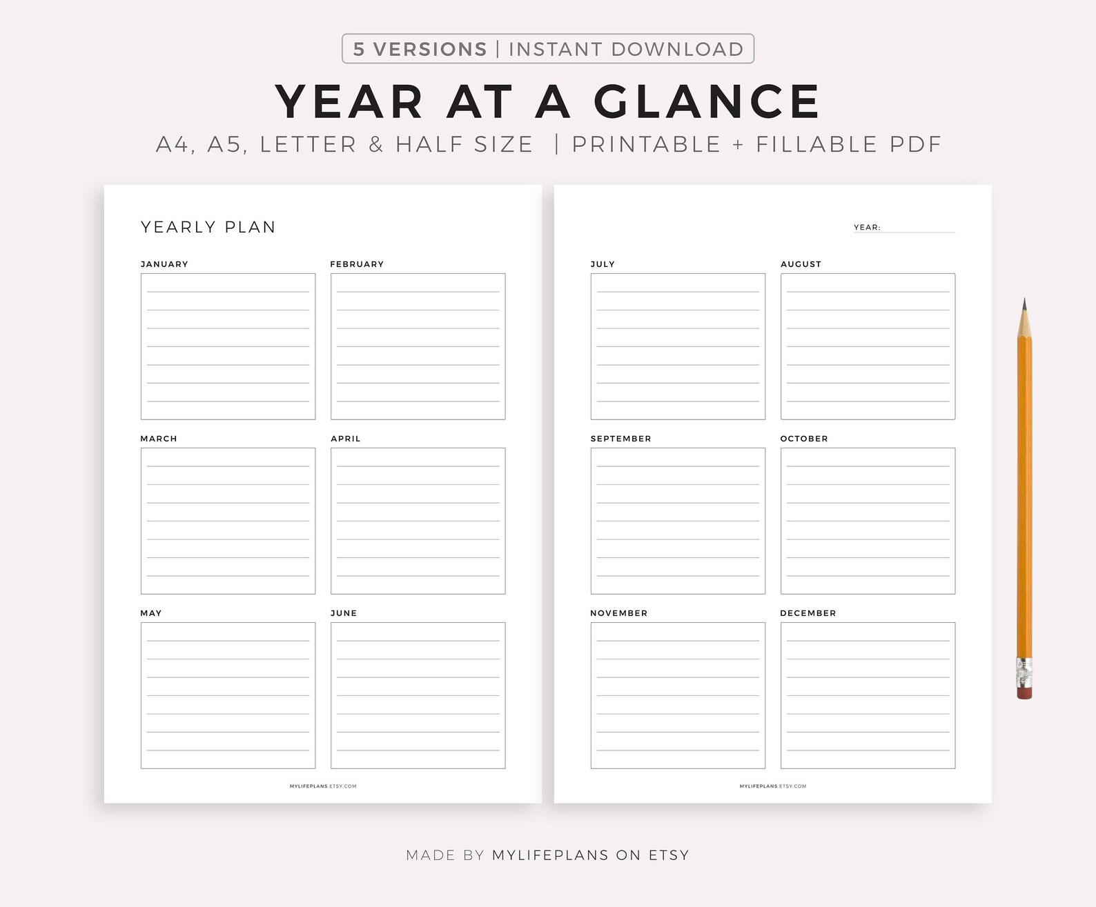 Year at a Glance, Two Page Yearly Planner Printable, 12 Month Overview ...