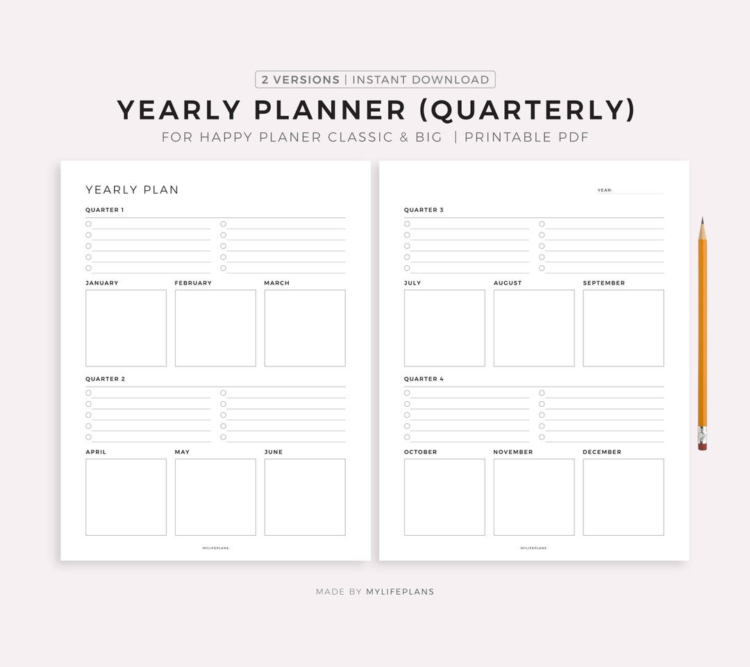 Yearly Planner, Quarterly Goals, Tasks & Reminders, Printable for Happy ...