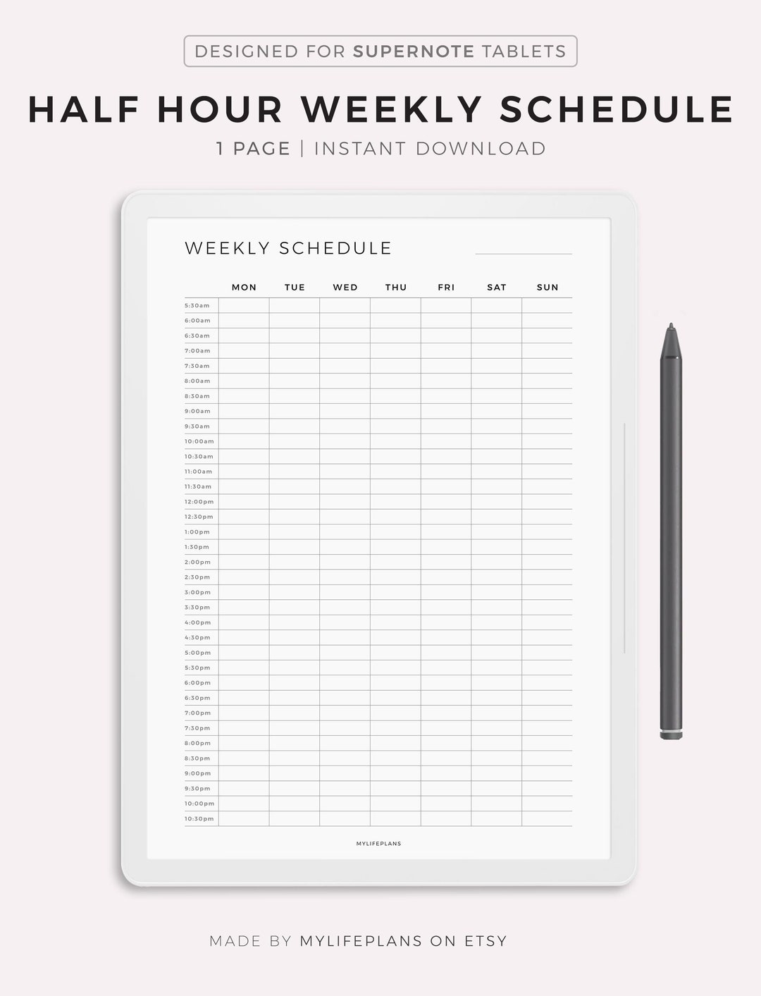 Half Hour Weekly Schedule for Supernote A5X2/A5X/A5/A6X2/A6X/A6, Sunday ...