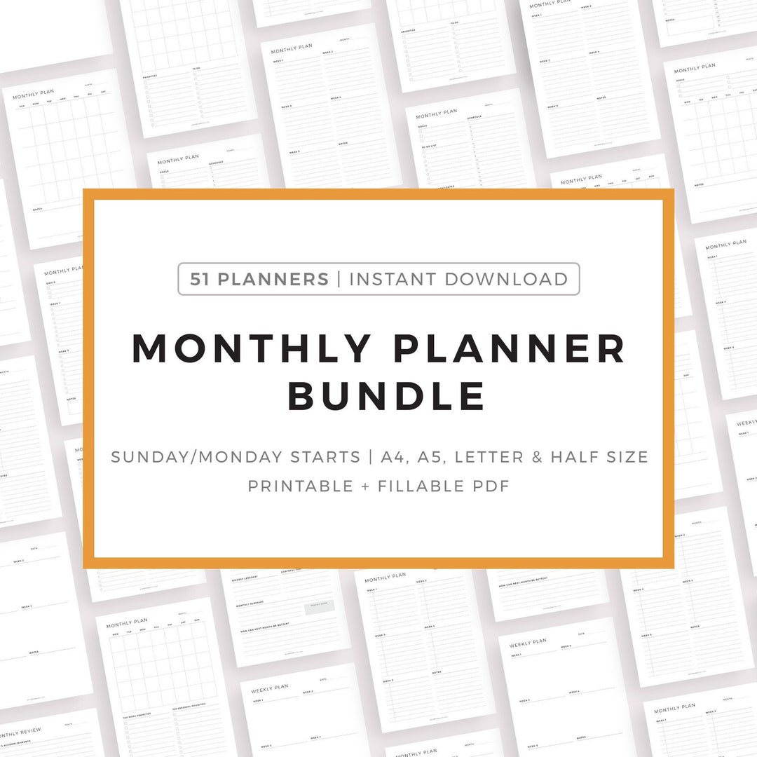 Monthly Planner Inserts Bundle Printable, Monday & Sunday Starts, A4/a5 ...