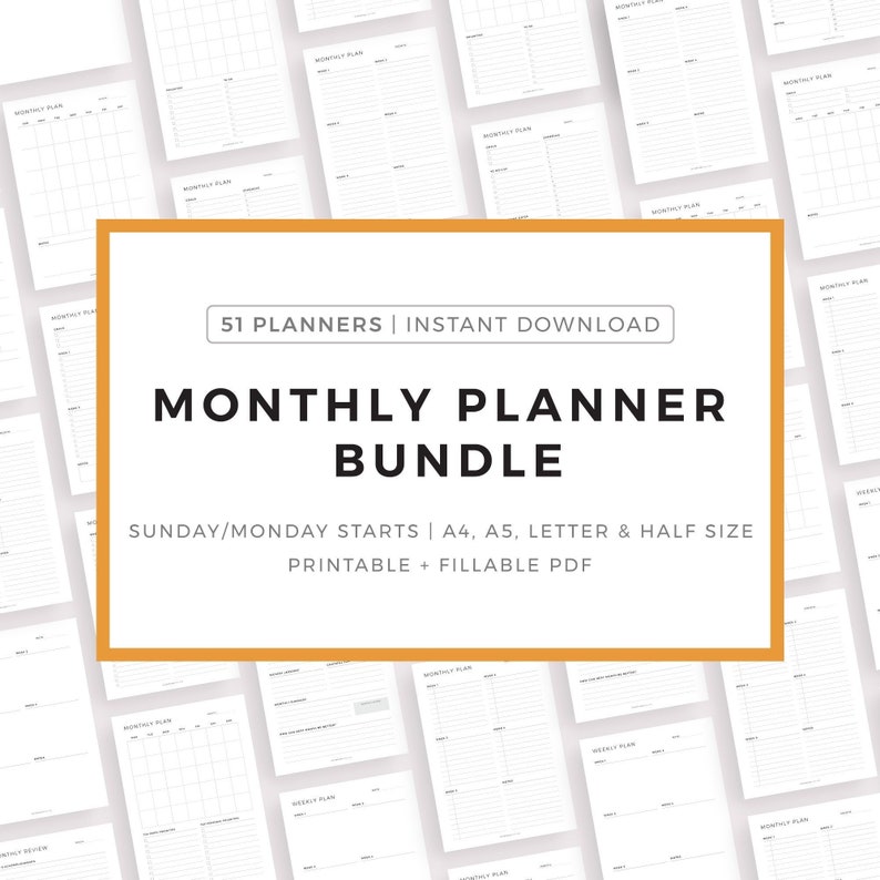 Monthly Planner Inserts Bundle Printable, Monday & Sunday Starts, A4/a5 ...