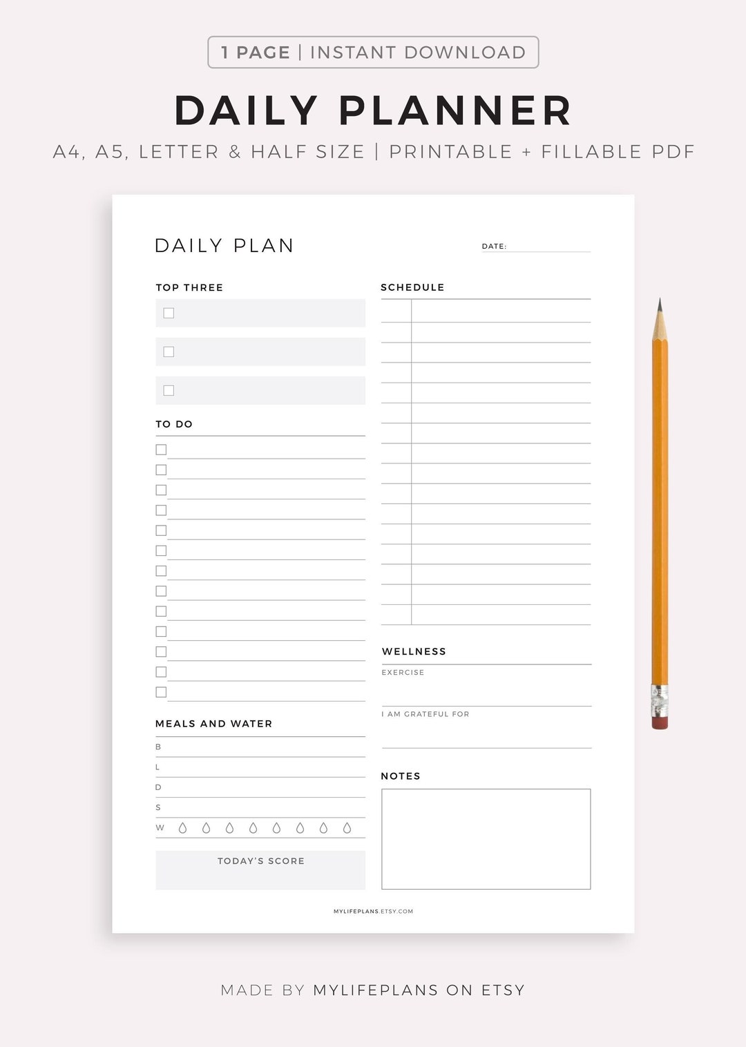 Printable Daily Planner PDF, Daily to Do List, Meal Planner, Fitness ...