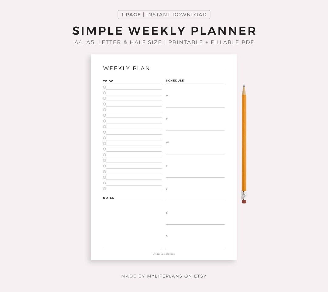 Simple Weekly Planner Printable, Weekly to Do List, Weekly Agenda ...