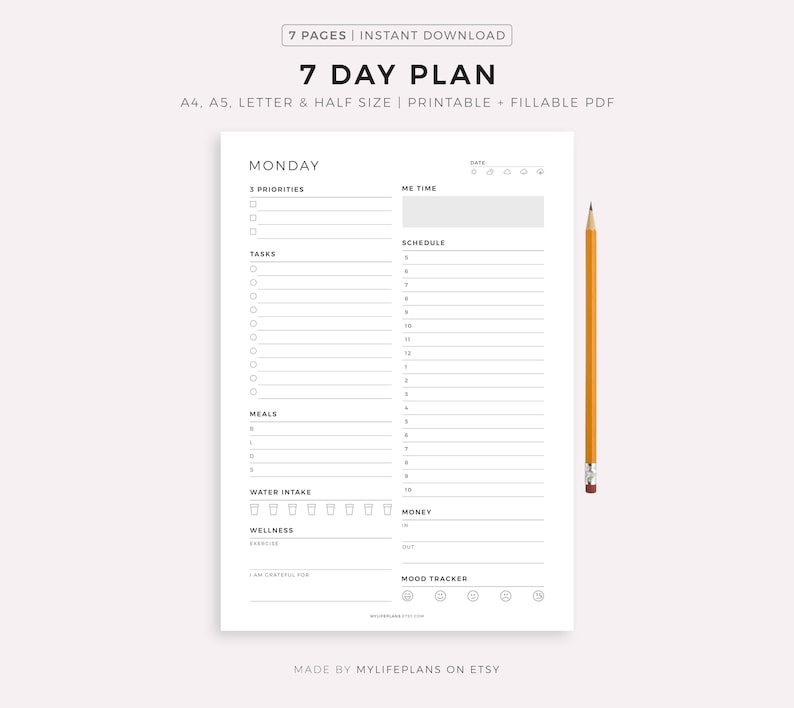 7 Day Planner Printable, Weekly Planner, Daily to Do List for Work ...