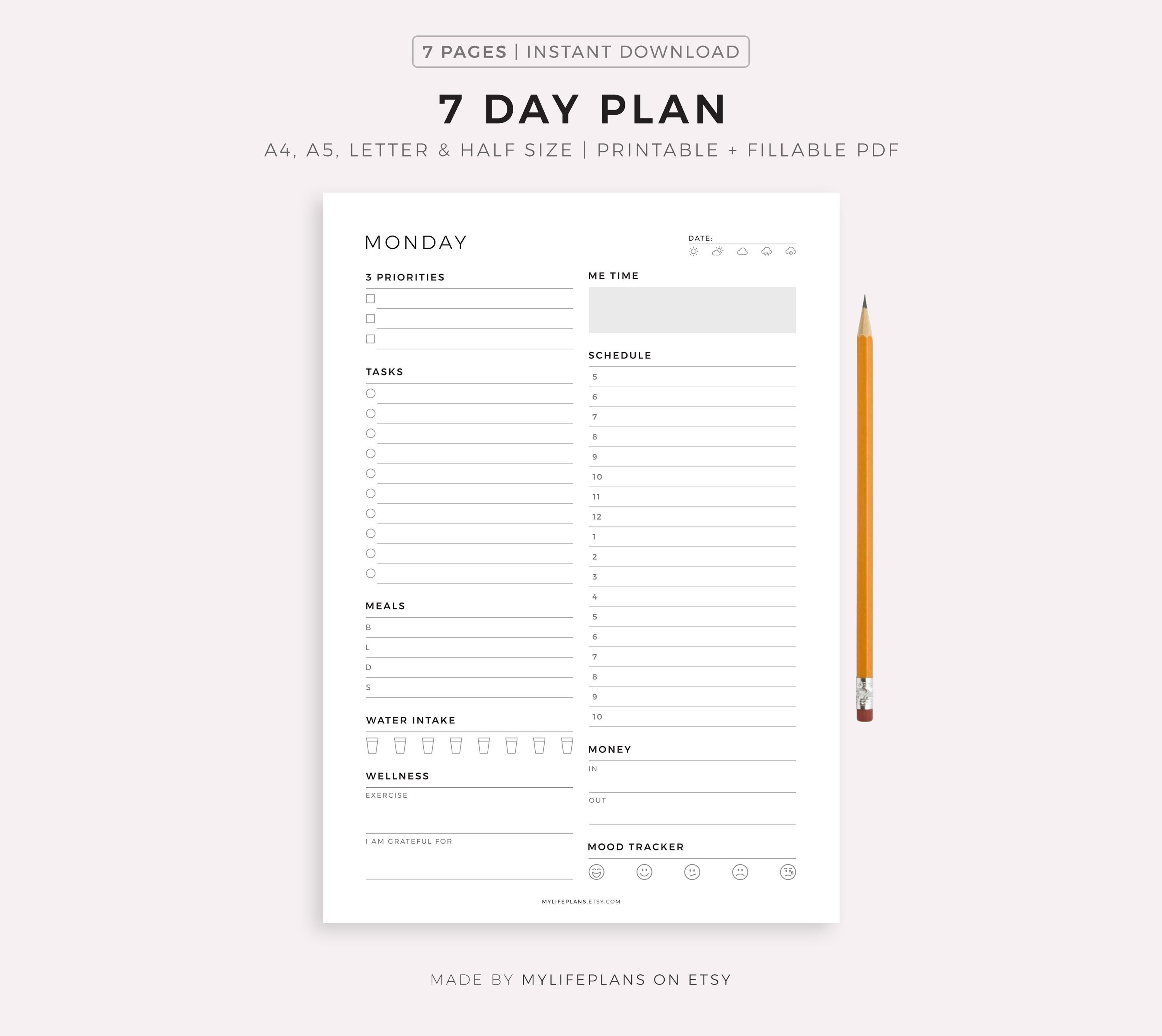 7 Day Planner Printable, Weekly Planner, Daily to Do List for Work ...