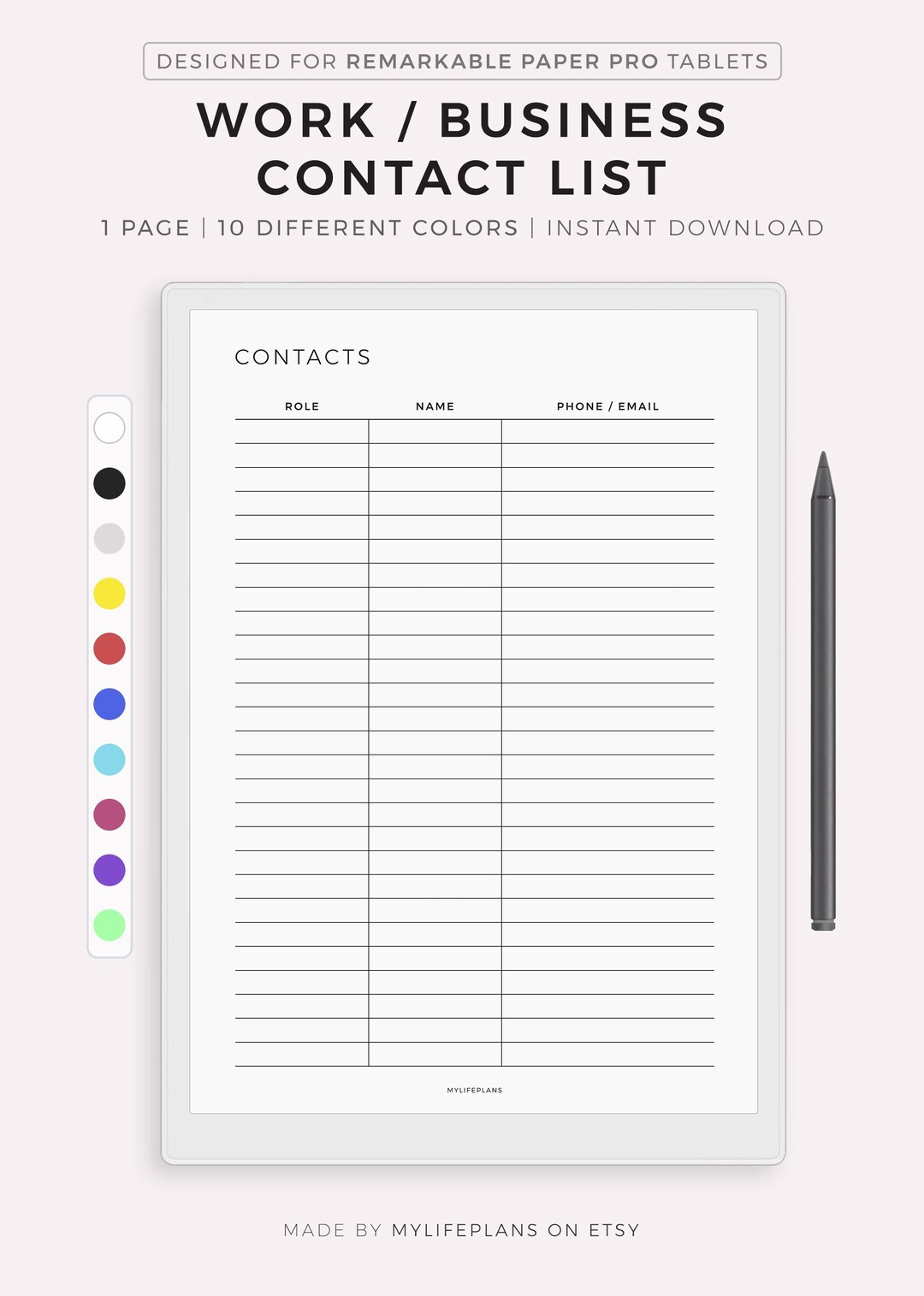 Work / Business Contact List Template, Compatible With Remarkable Paper ...