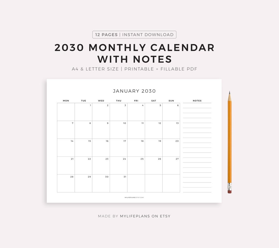 2030 Monthly Calendar With Notes, Landscape, Printable Calendar ...