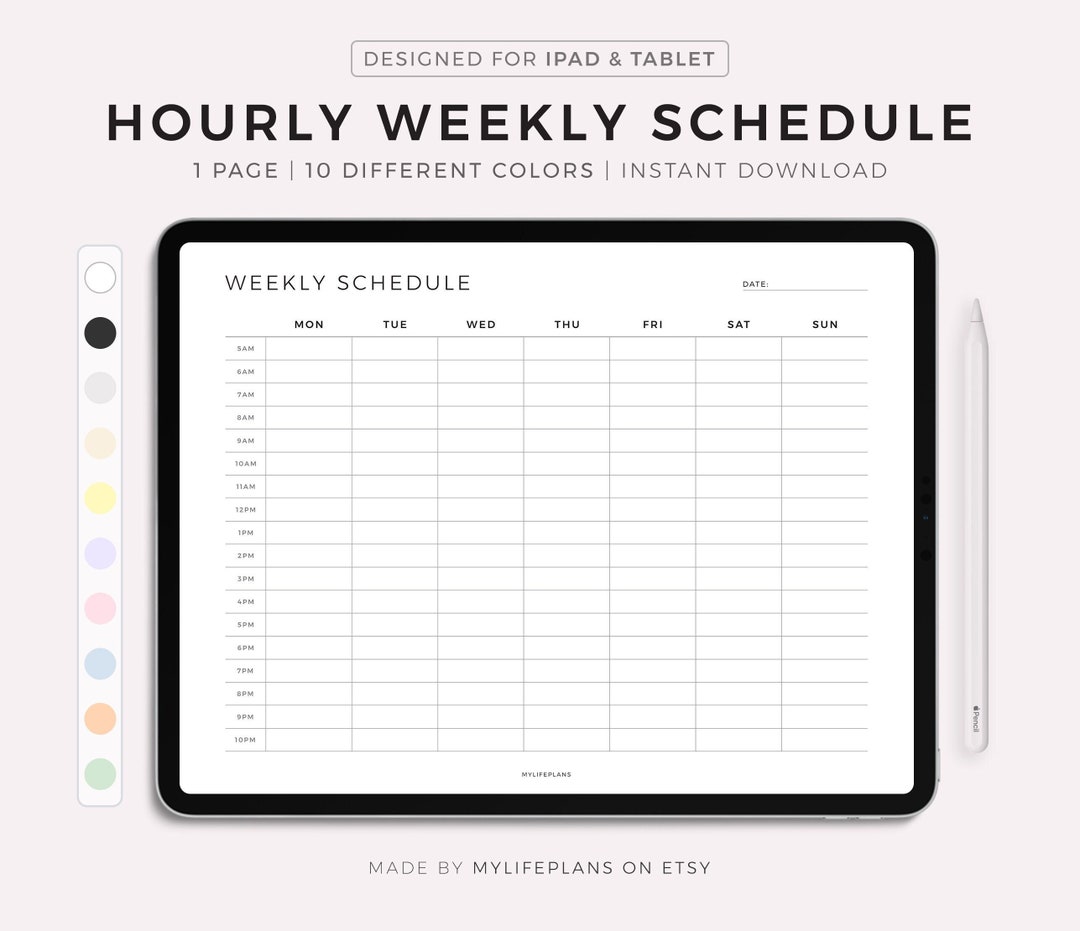 Digital Hourly Weekly Schedule Landscape, Digital Weekly Planner, Week at a Glance, Compatible ...