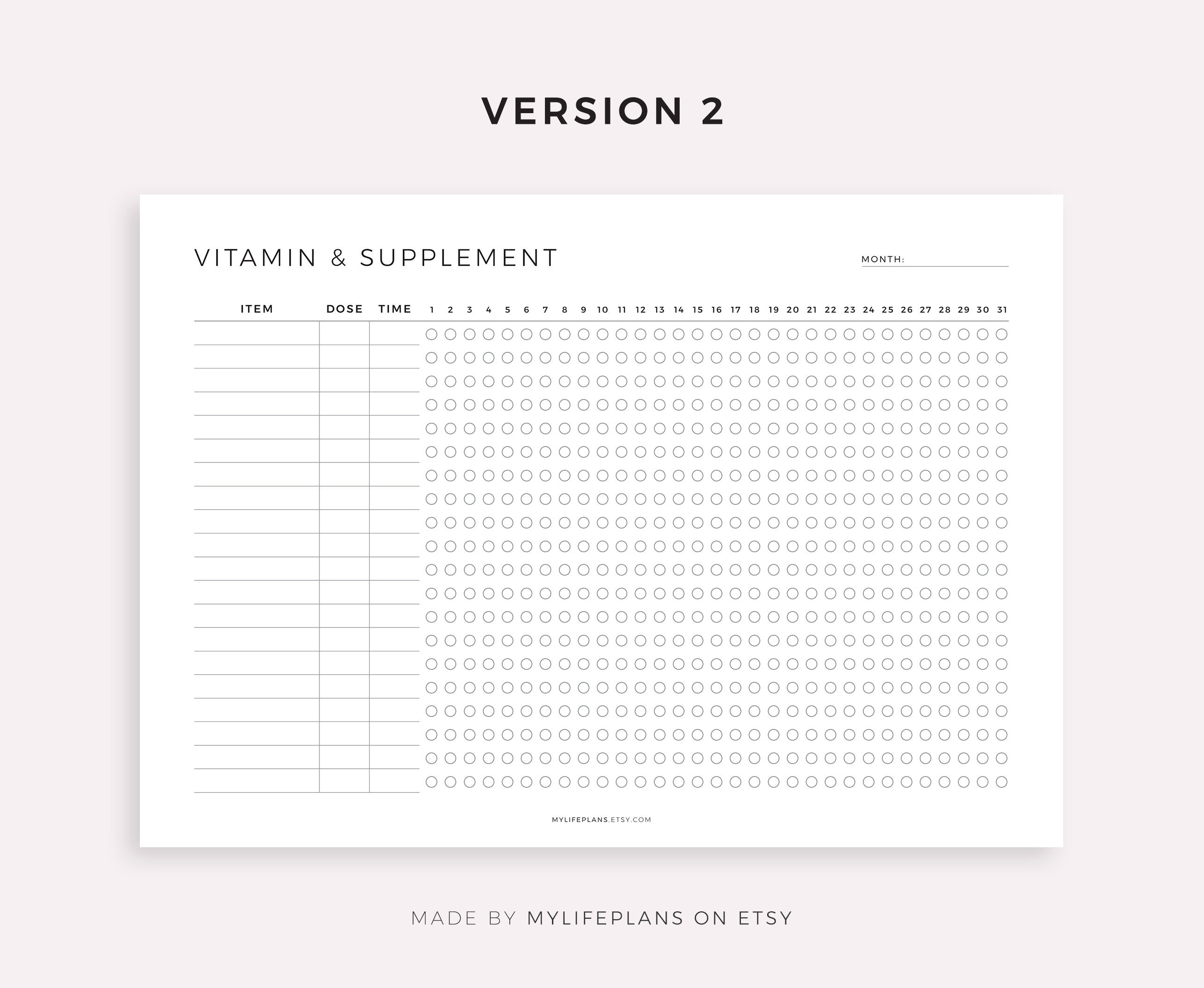 Monthly Vitamin Tracker Printable Landscape, Supplement Checklist ...
