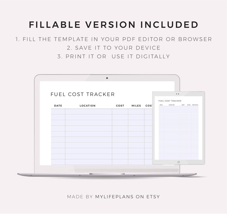 Fuel Cost Tracker Printable & Fillable, Vehicle Fuel Cost per Mile ...