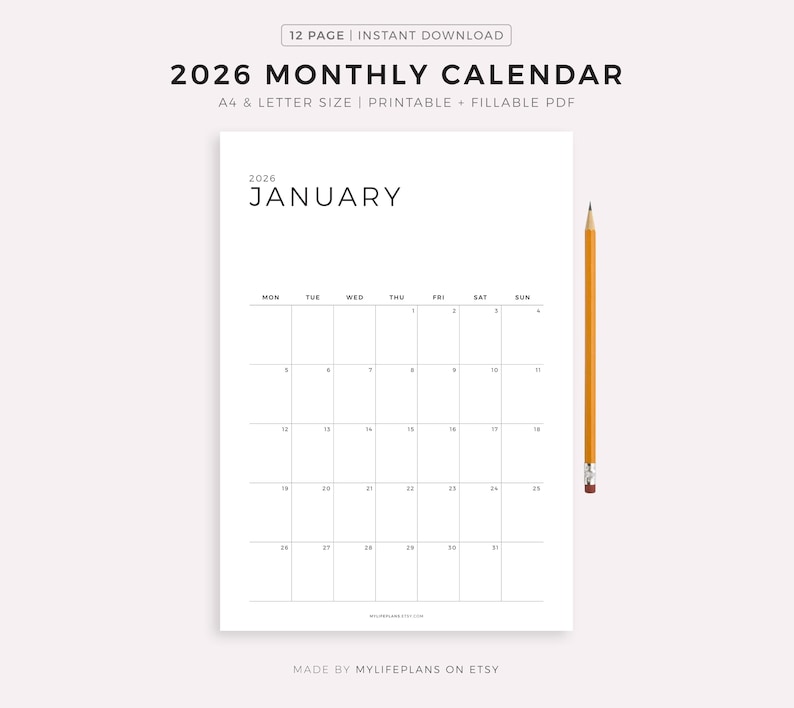 2026 Monthly Calendar Printable & Fillable, Year Calendar Template ...