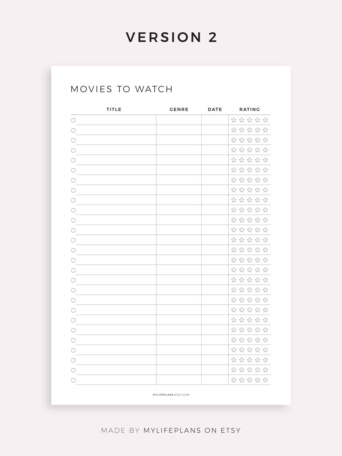 Movies to Watch List Printable, Movie Planner, Movie Tracker, Film ...