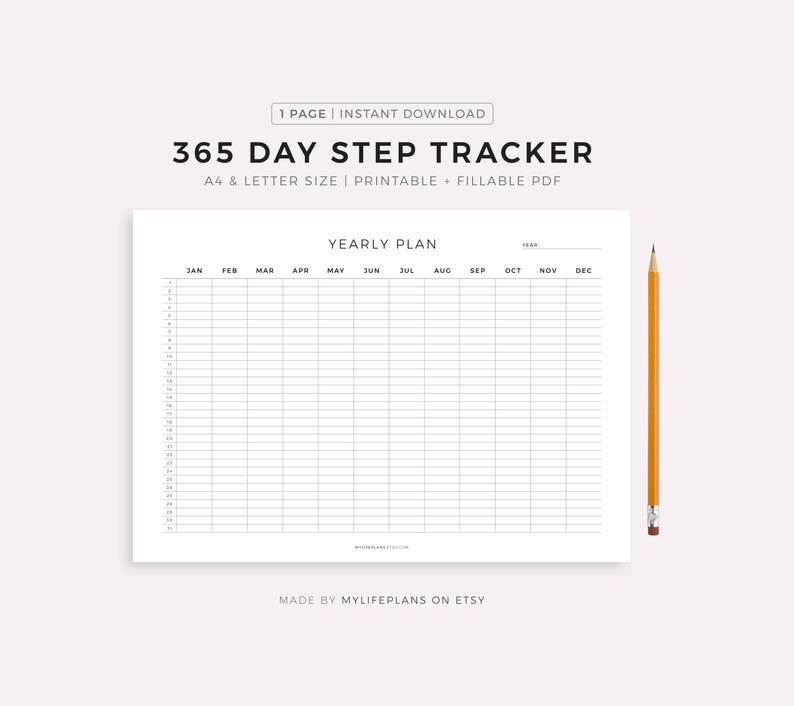365 Day Step Tracker Printable Landscape, Daily Step Record, Exercise ...