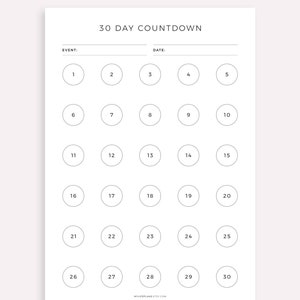 30, 60, 100 Day Countdown Tracker to Vacation, Birthday, Wedding, New ...