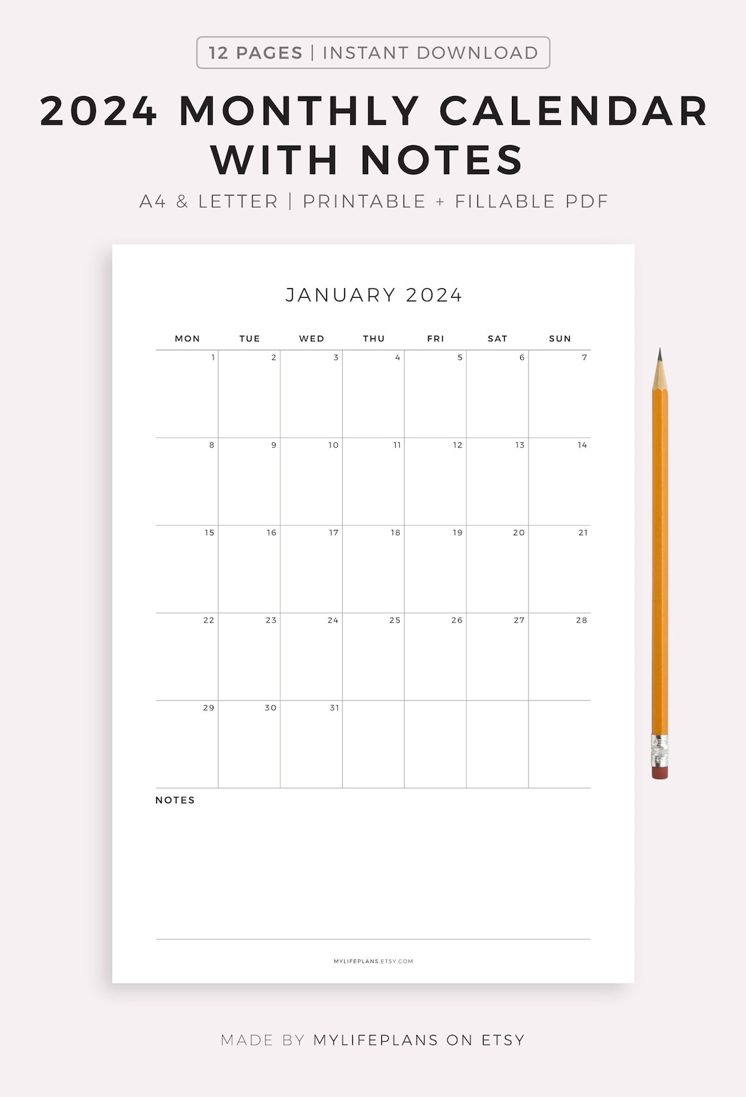 2024 Monthly Calendar With Notes, Printable Calendar Template ...