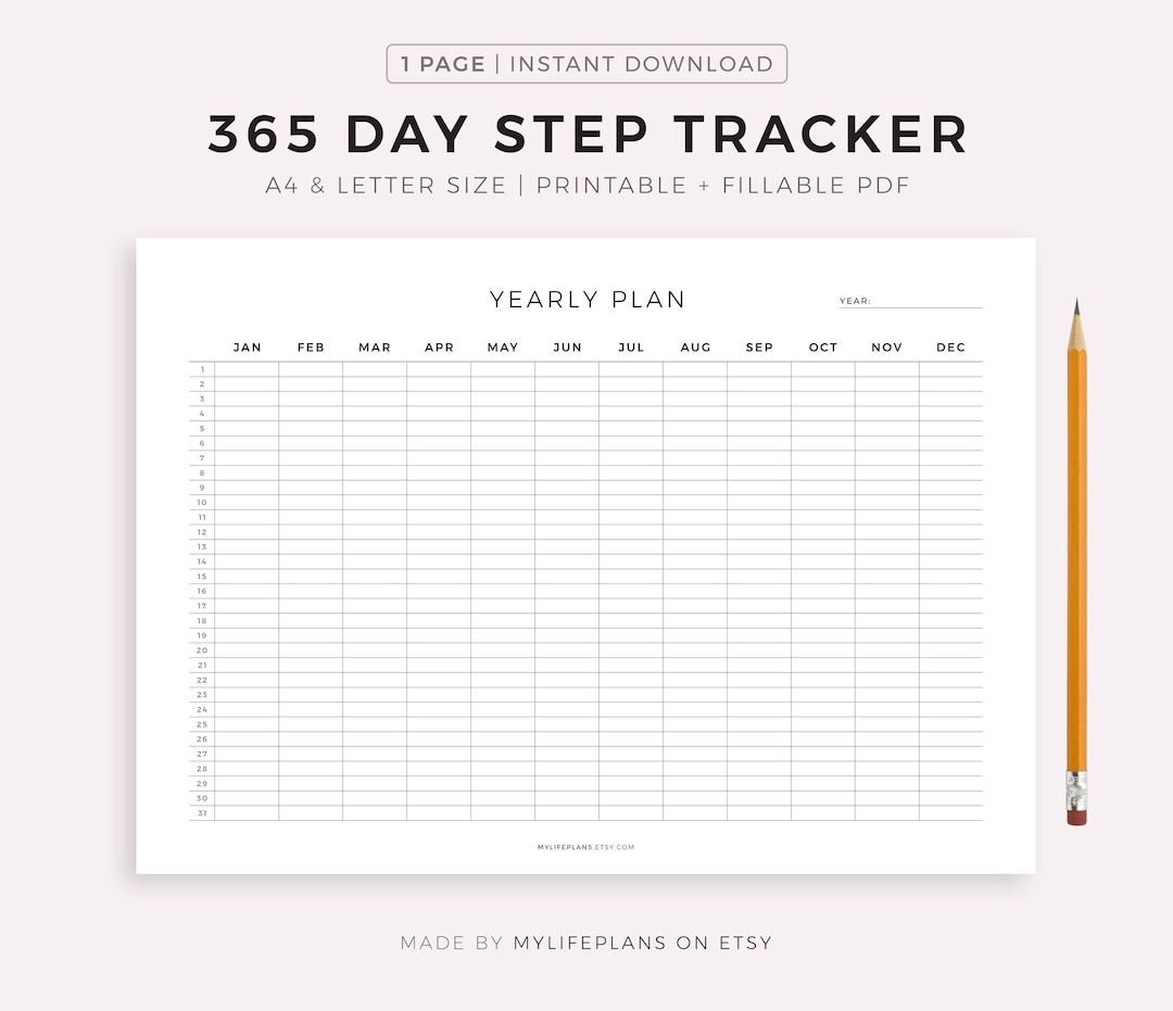 365 Day Step Tracker Printable Landscape, Daily Step Record, Exercise ...
