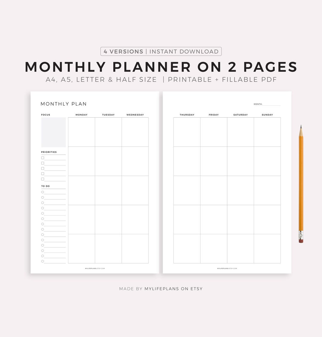 Printable Monthly Planner on Two Pages, Month at a Glance, Monthly ...