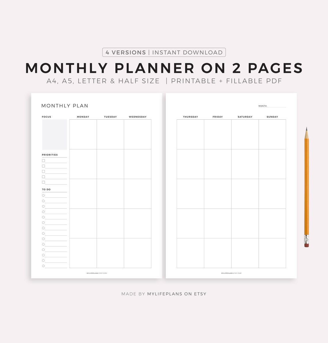 Printable Monthly Planner on Two Pages, Month at a Glance, Monthly ...