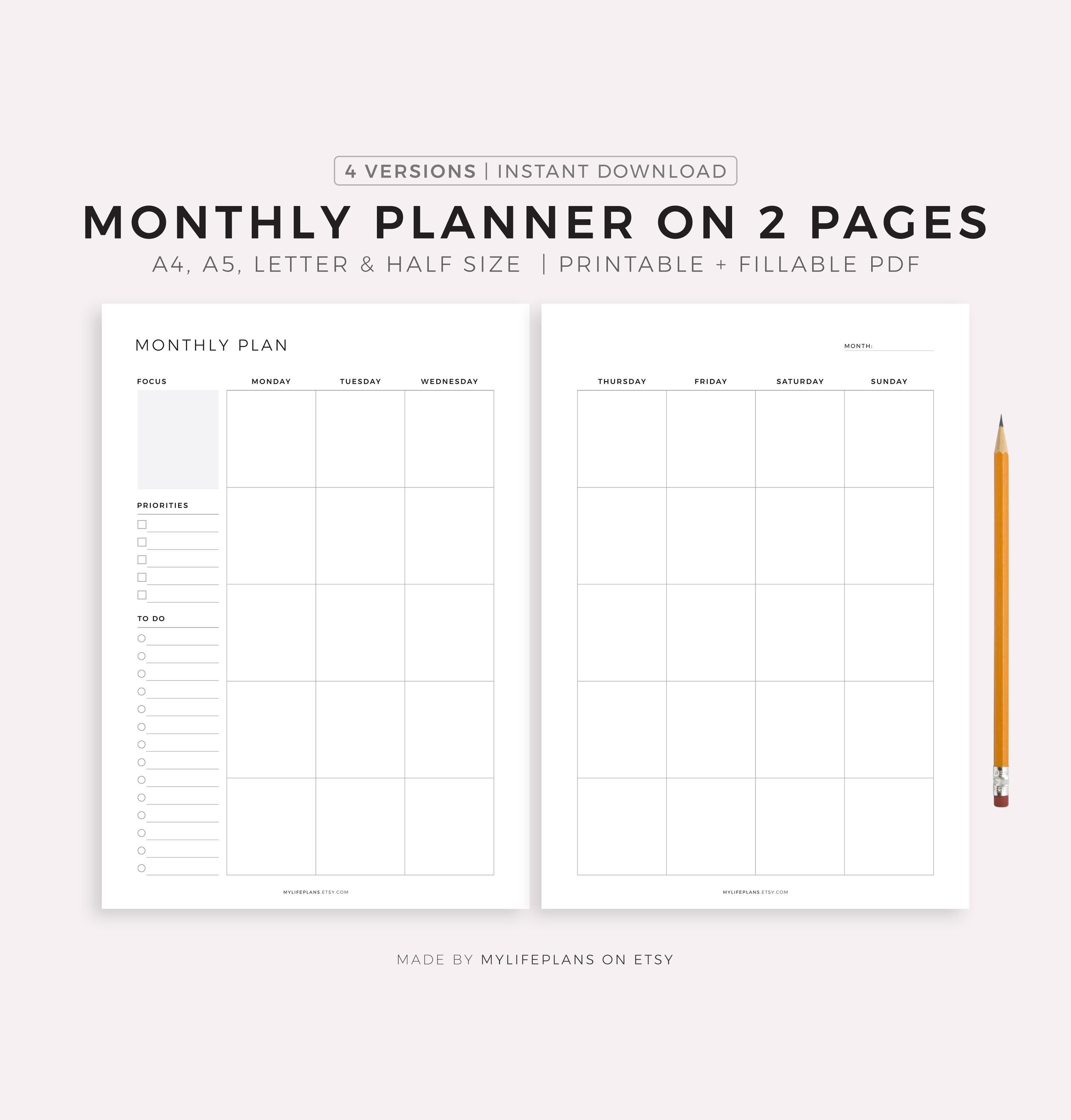 Printable Monthly Planner on Two Pages, Month at a Glance, Monthly ...
