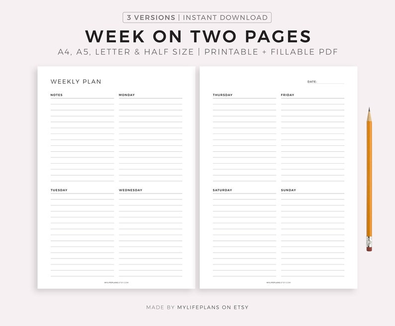 Week on Two Pages Printable Weekly Planner Minimal Weekly - Etsy