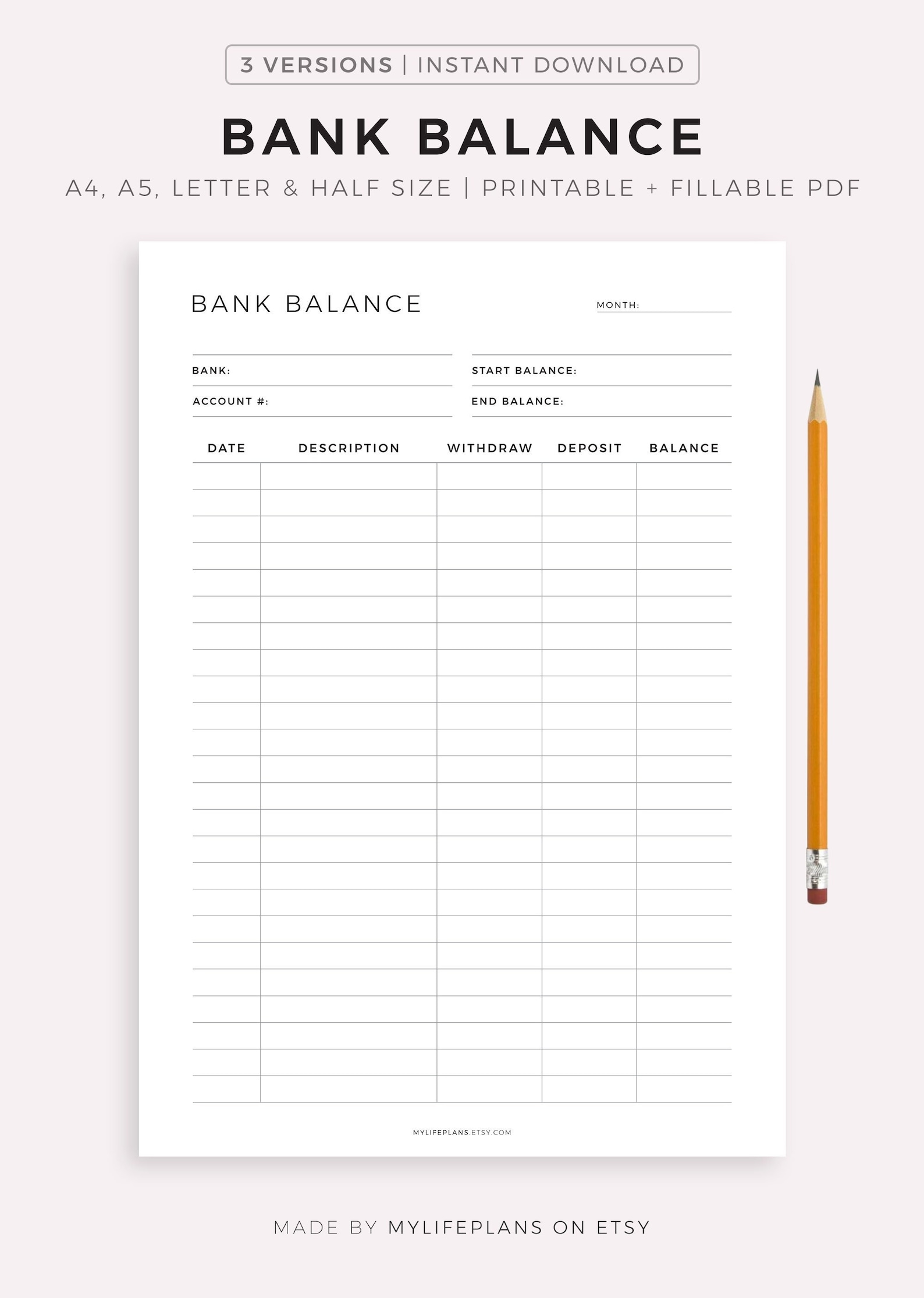 Bank Balance Sheet Printable Bank Account Transactions - Etsy