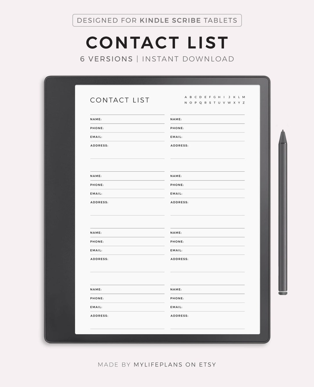 Contacts List Template for Kindle Scribe, Instant Download - Etsy