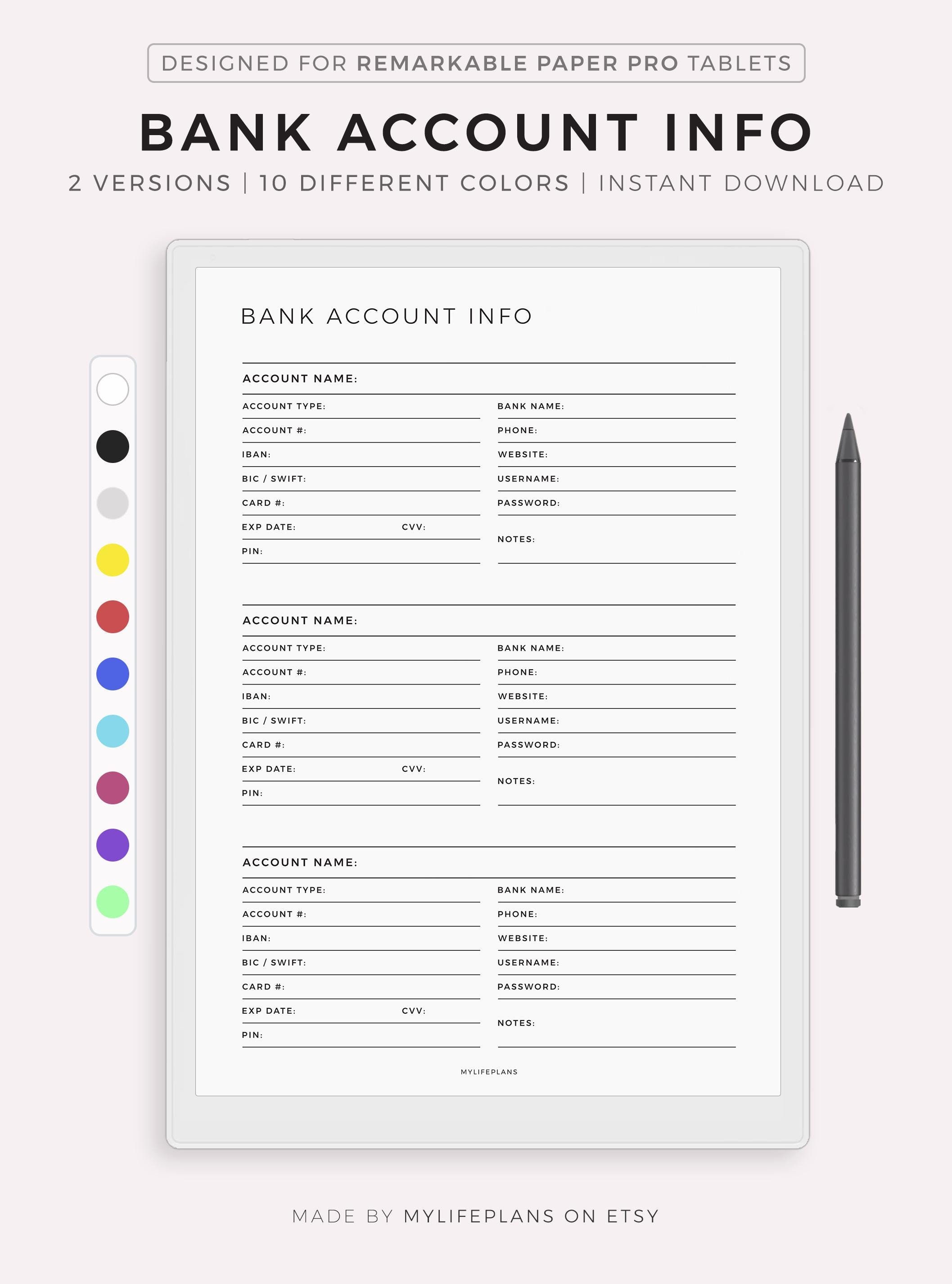 Bank Account Information Tracker for Remarkable Paper Pro, Instant ...