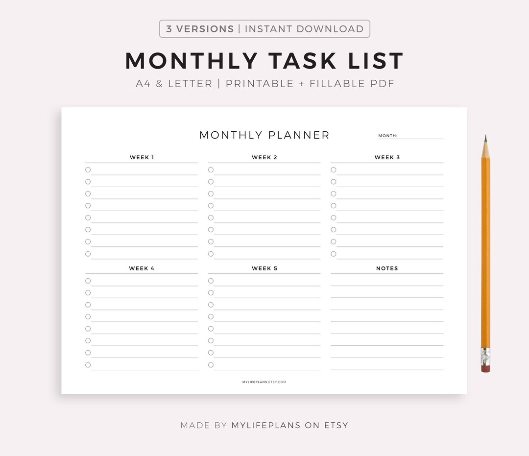 Monthly Task List Landscape, Monthly Planning Printable, to Do List ...