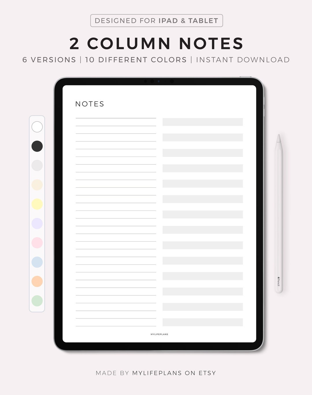 2 Column Notes Page Digital, Notes Template, Writing Paper, Compatible ...