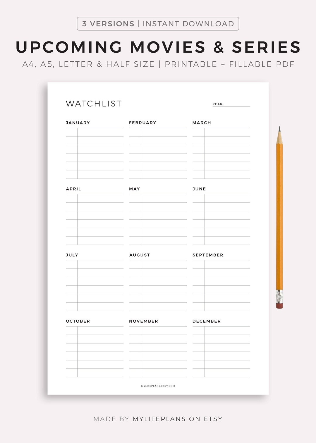 Upcoming Movies & TV Series to Watch, Printable and Fillable Template ...