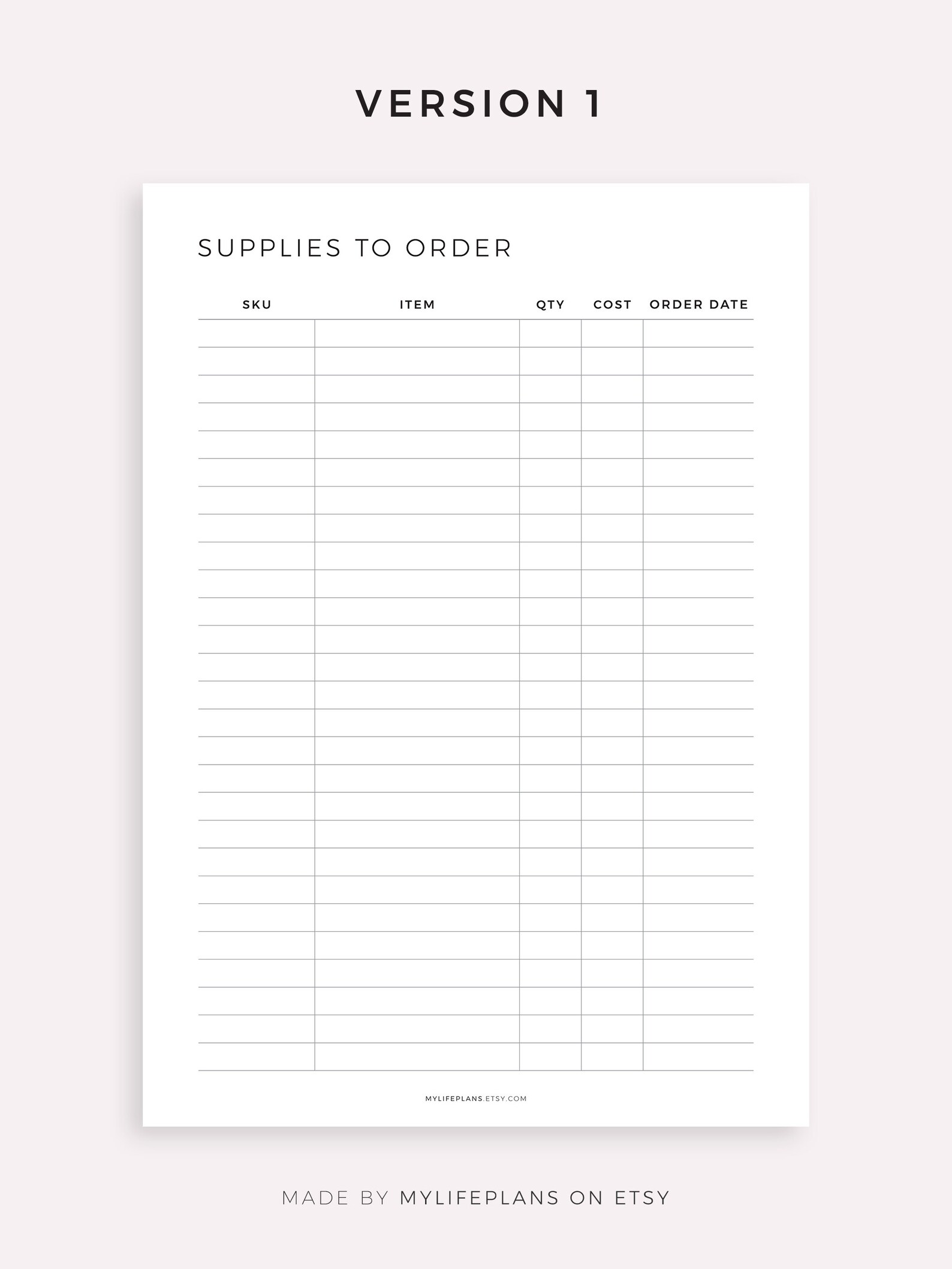 Supplies to Order Tracker Printable, Supplies Management Form, Small ...