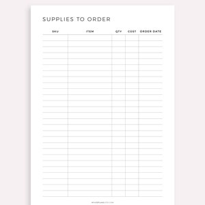 Supplies to Order Tracker Printable, Supplies Management Form, Small ...