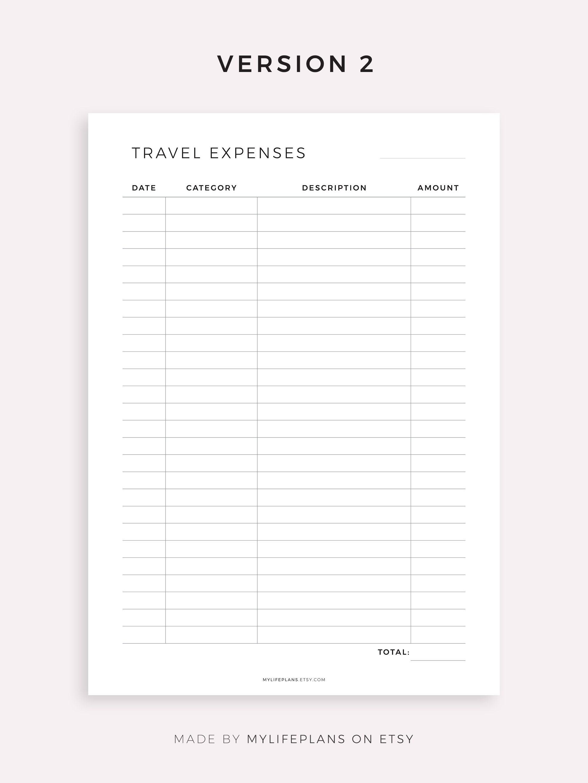 Simple Travel Expenses Tracker Printable Work / Vacation - Etsy