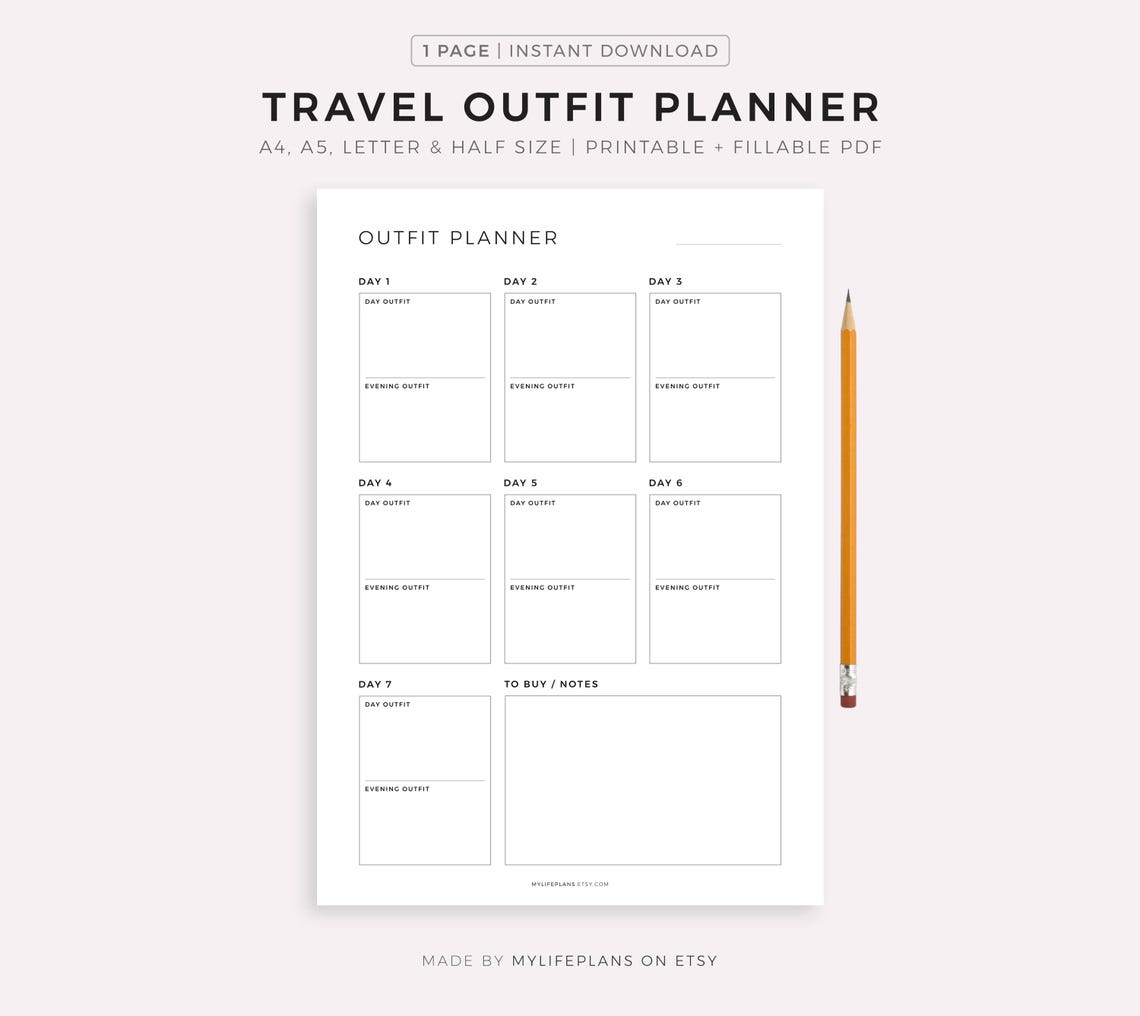 Travel Outfit Planner Printable Template, Daily Outfit Planner for ...