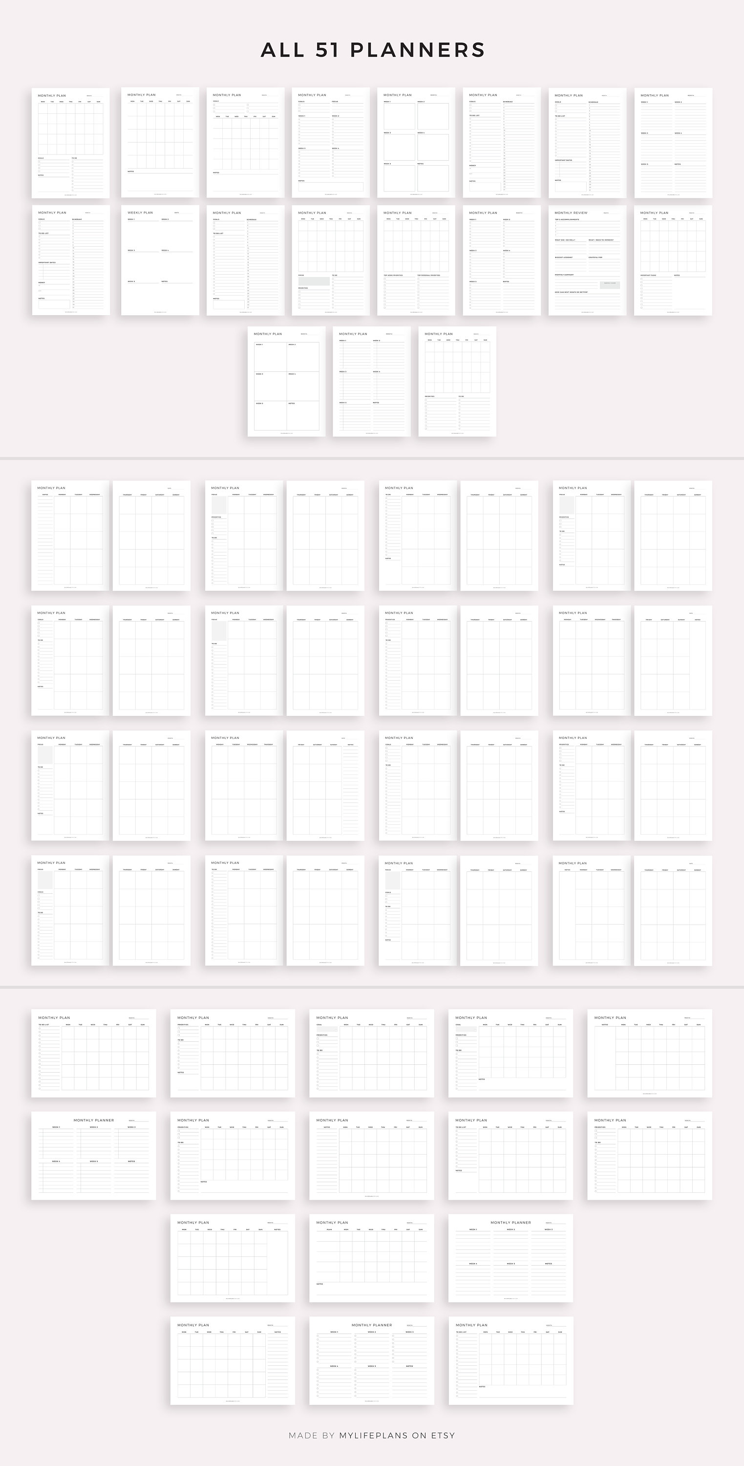 Monthly Planner Inserts Bundle Printable, Monday & Sunday Starts, A4/a5 ...