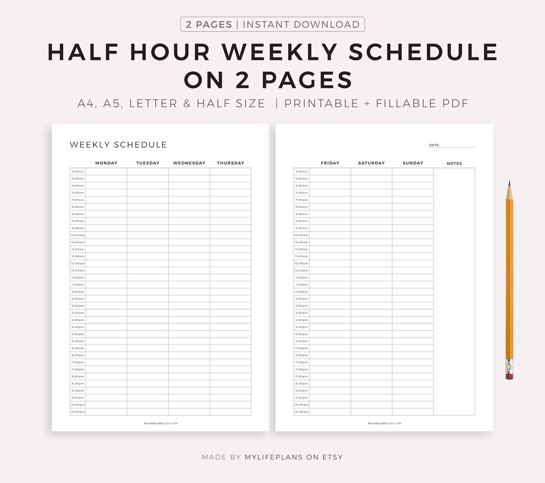 Half Hour Weekly Schedule on 2 Pages, Weekly Planner Printable, Week at ...