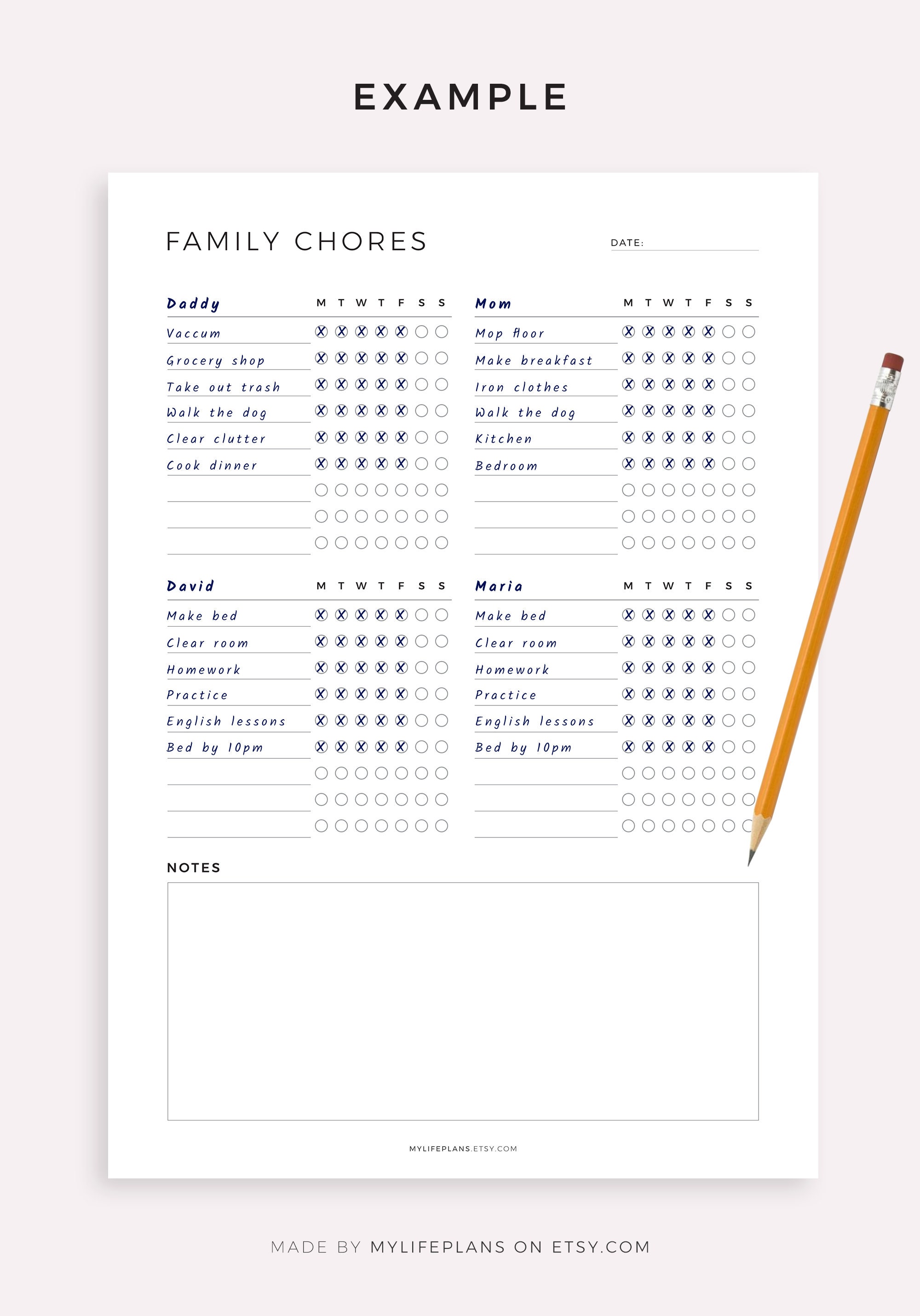 Weekly Family Chores Printable House Responsibilities 4 6 - Etsy