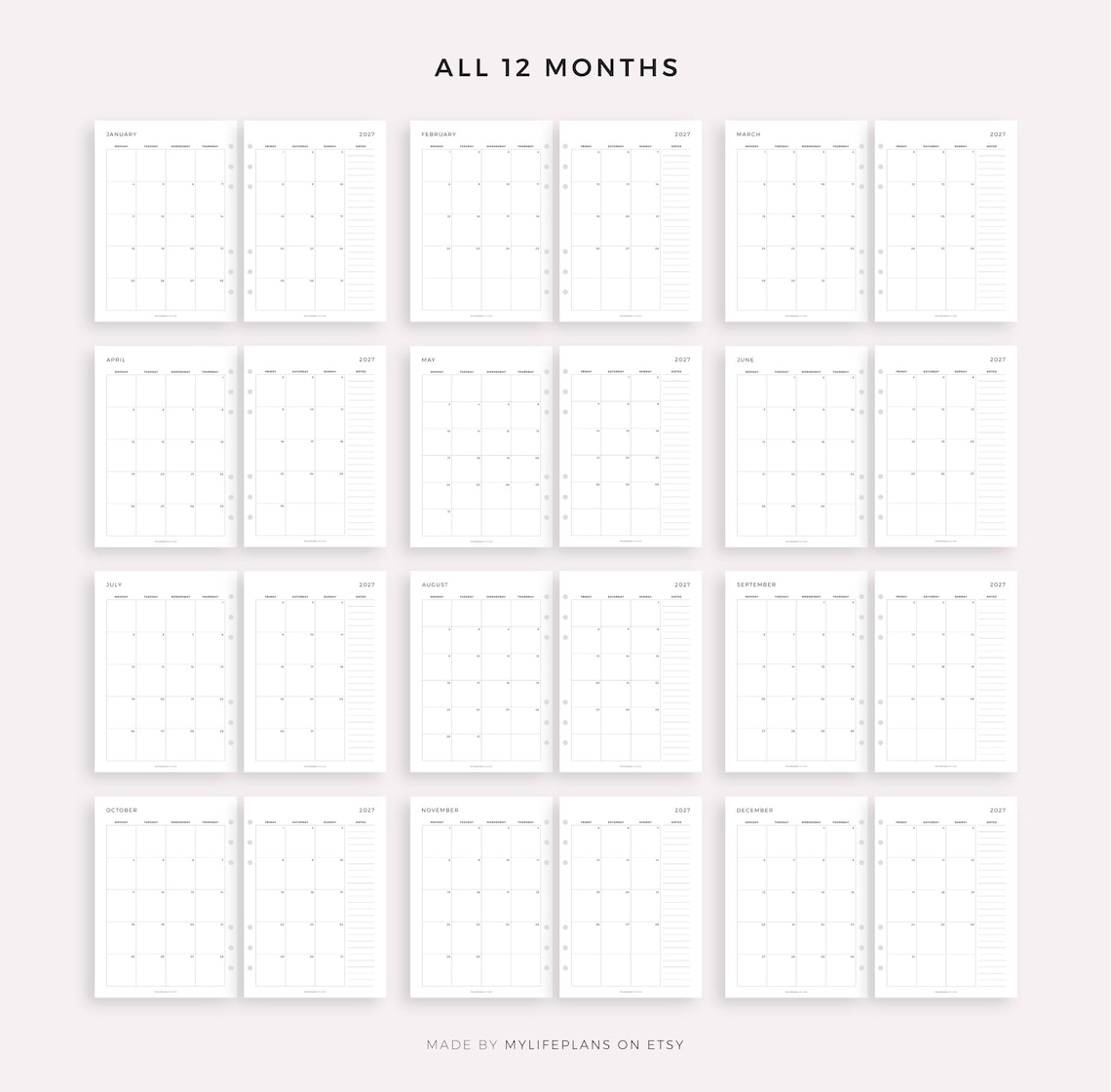 2027 Monthly Planner Printable, Dated Month on 2 Pages, 2027 Calendar ...