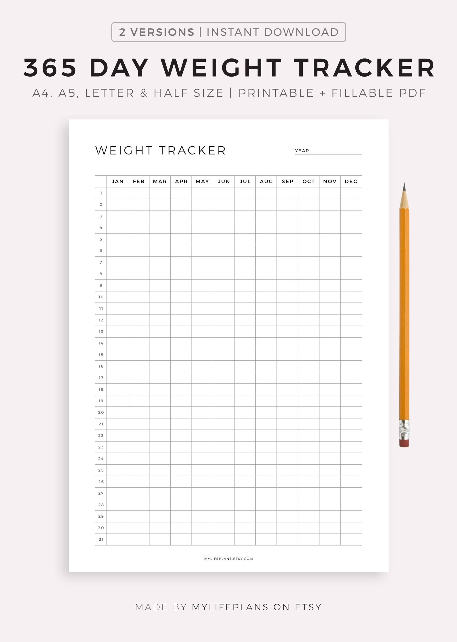 365 Day Weight Tracker Printable & Fillable Daily Weight - Etsy