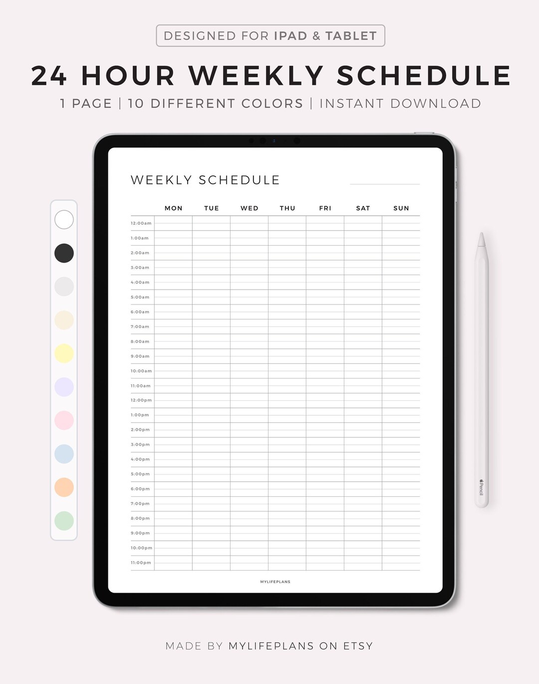Digital 24 Hour Weekly Schedule, Week at a Glance, Weekly Agenda ...