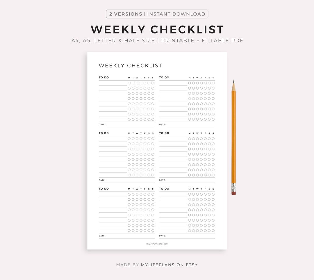 Printable Weekly Checklist Fillable, Weekly Task List, to Do List ...