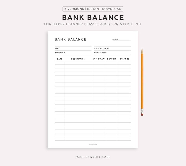 Bank Balance Sheet, Printable for Happy Planner Classic & Big, Instant ...