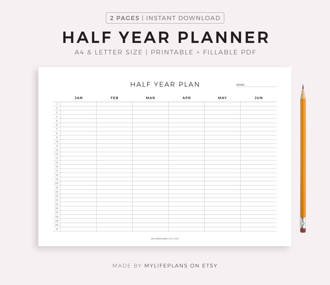 Half Year Planner Printable Landscape, Year on 2 Pages, Calendar ...