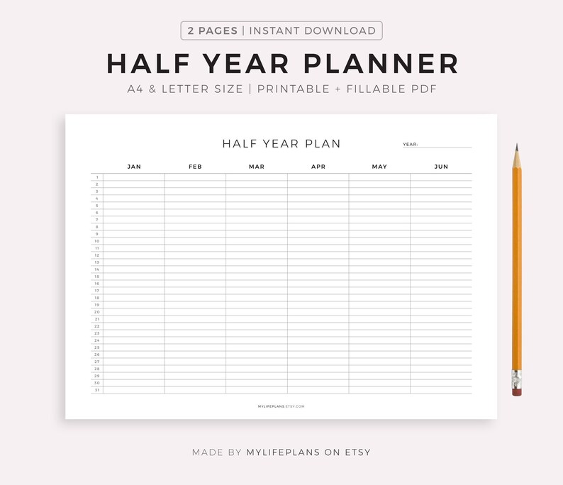 Half Year Planner Printable Landscape Year on 2 Pages - Etsy
