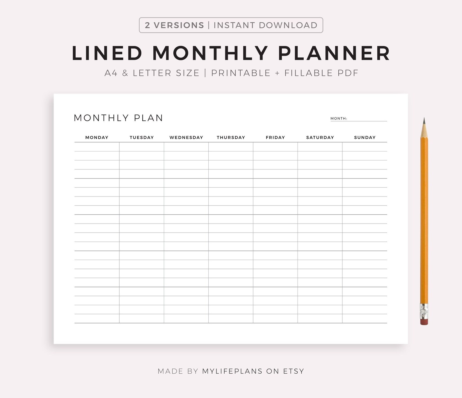 Printable Monthly Planner Landscape Undated Monthly - Etsy