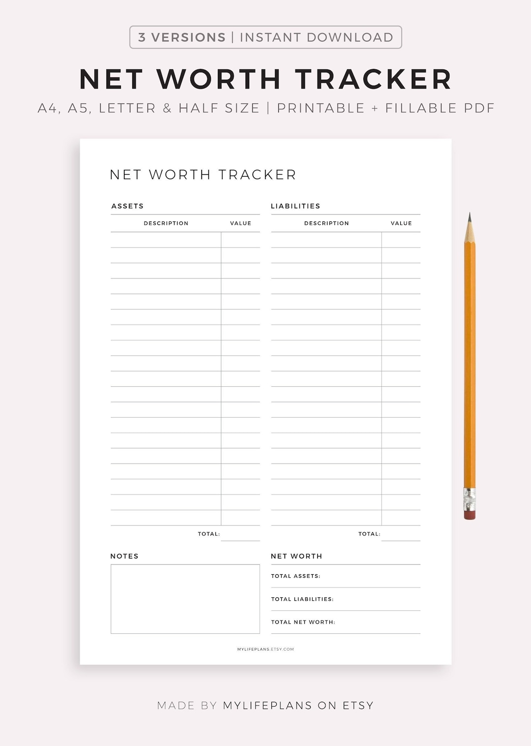 Net Worth Tracker Printable, Asset and Liability Balance Sheet ...