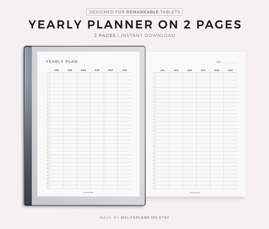 2 Page Yearly Planner, Year at a Glance, Yearly Agenda, 12 Month ...